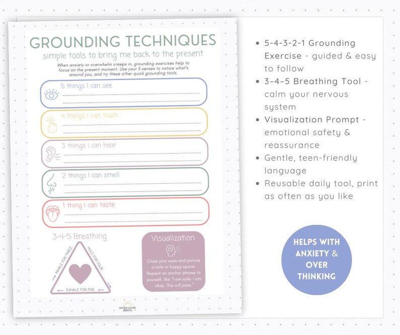Grounding Techniques Worksheet for Anxiety | 5 Senses Coping Skills ...