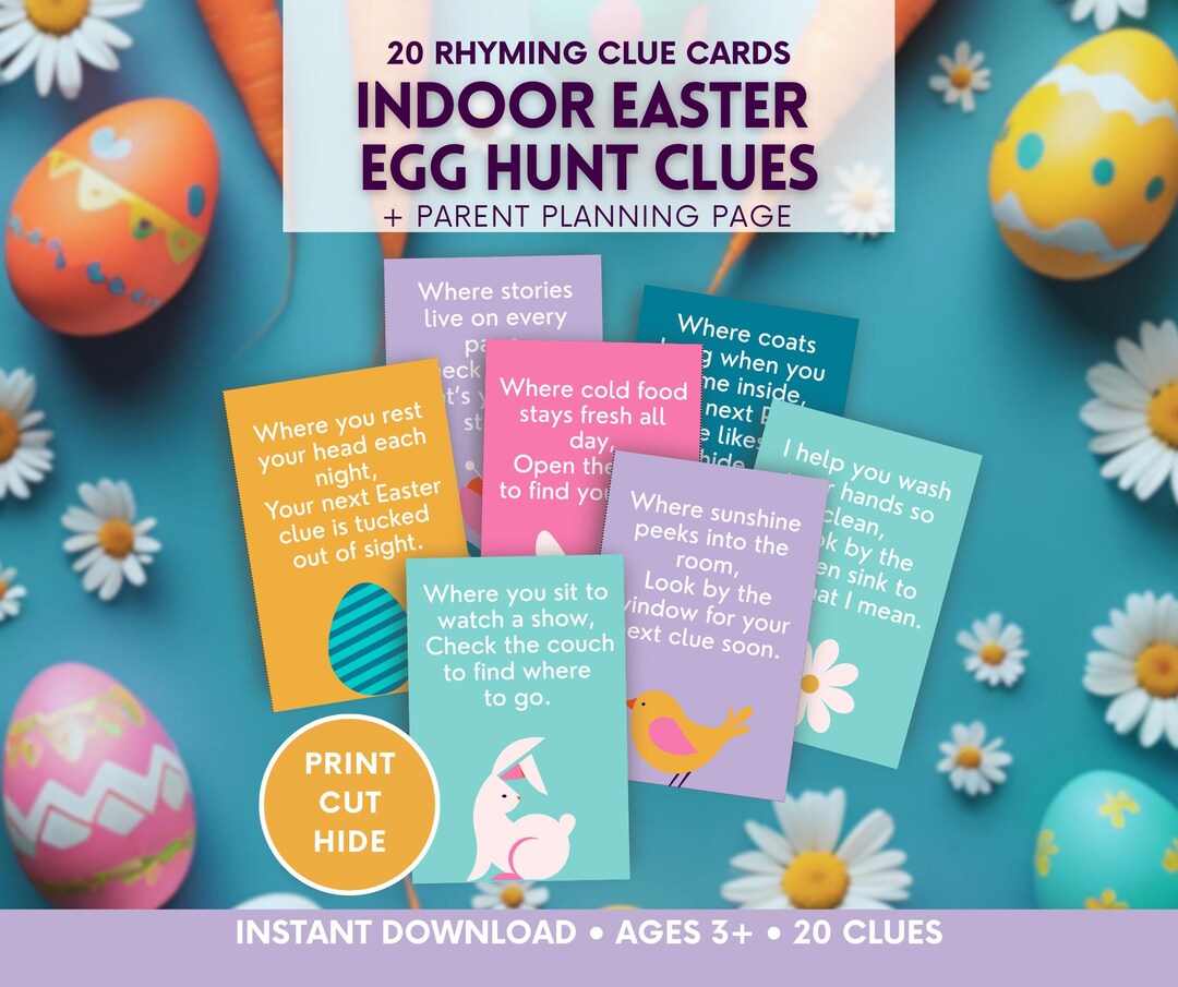Indoor Easter Egg Hunt Clues Printable, Easter Scavenger Hunt Clues for ...