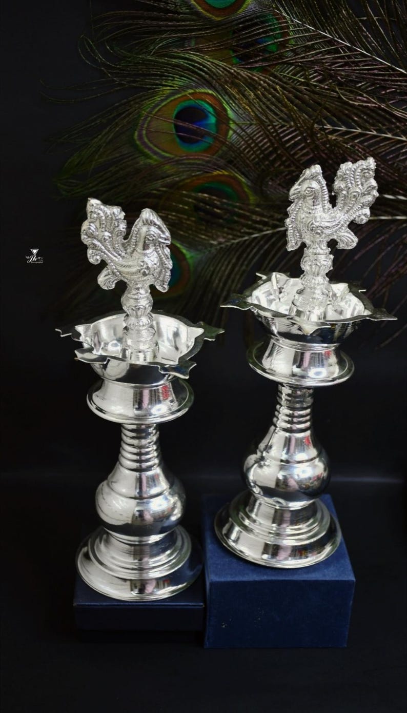 German Silver Peacock Deepam – Large 14"–16" Oil Diya Lamp for Pooja ...