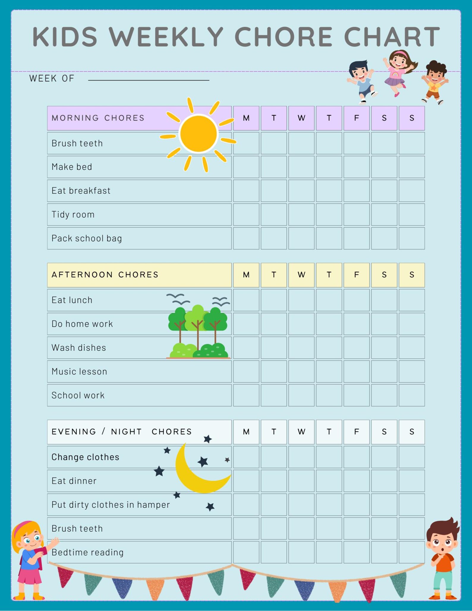 Kids Weekly Chore Chart Printable Colorful Routine Tracker for Morning ...