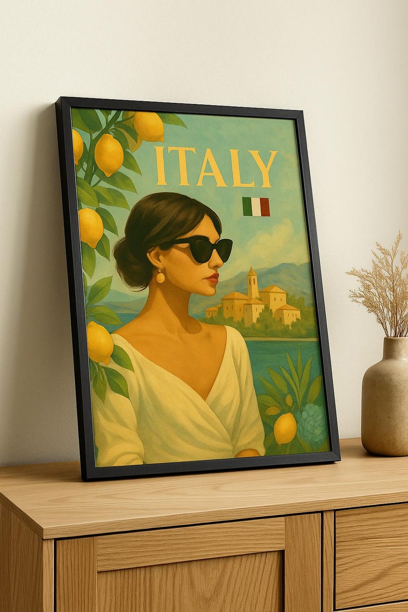 Italian Vintage Wall Art Girl in Italy Lemon Tree Print Mediterranean ...