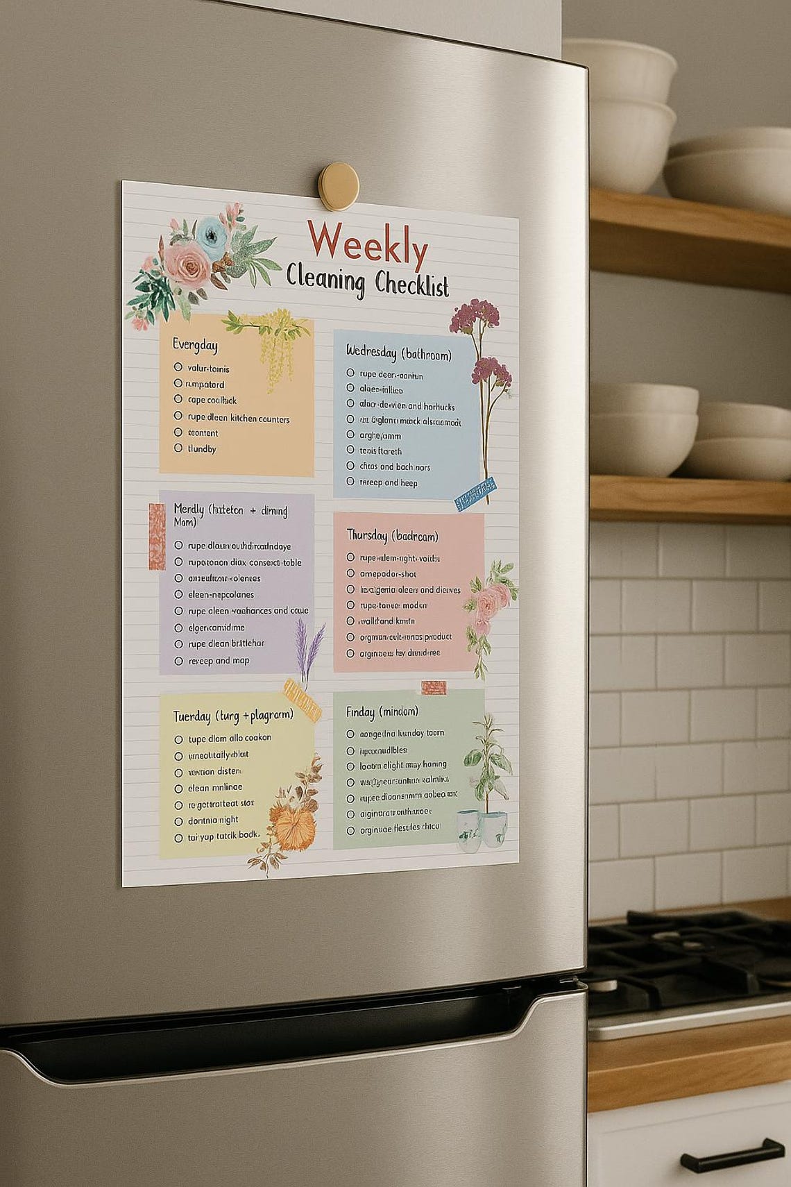 Weekly Cleaning Checklist Printable Floral Chore Chart PDF Daily & Room ...