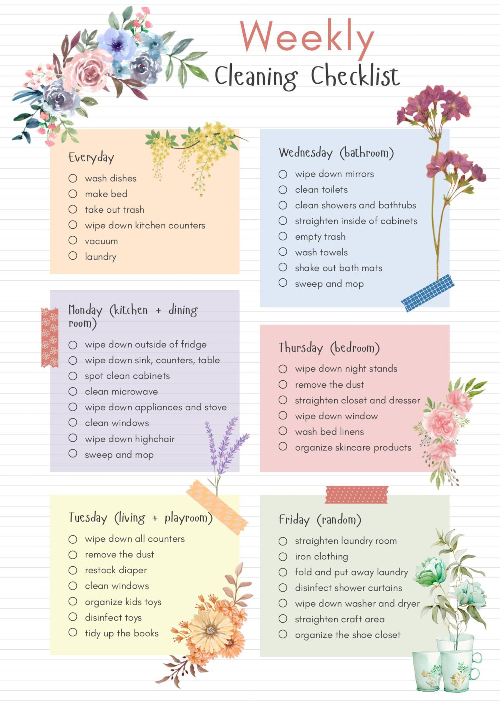 Weekly Cleaning Checklist Printable Floral Chore Chart PDF Daily & Room ...