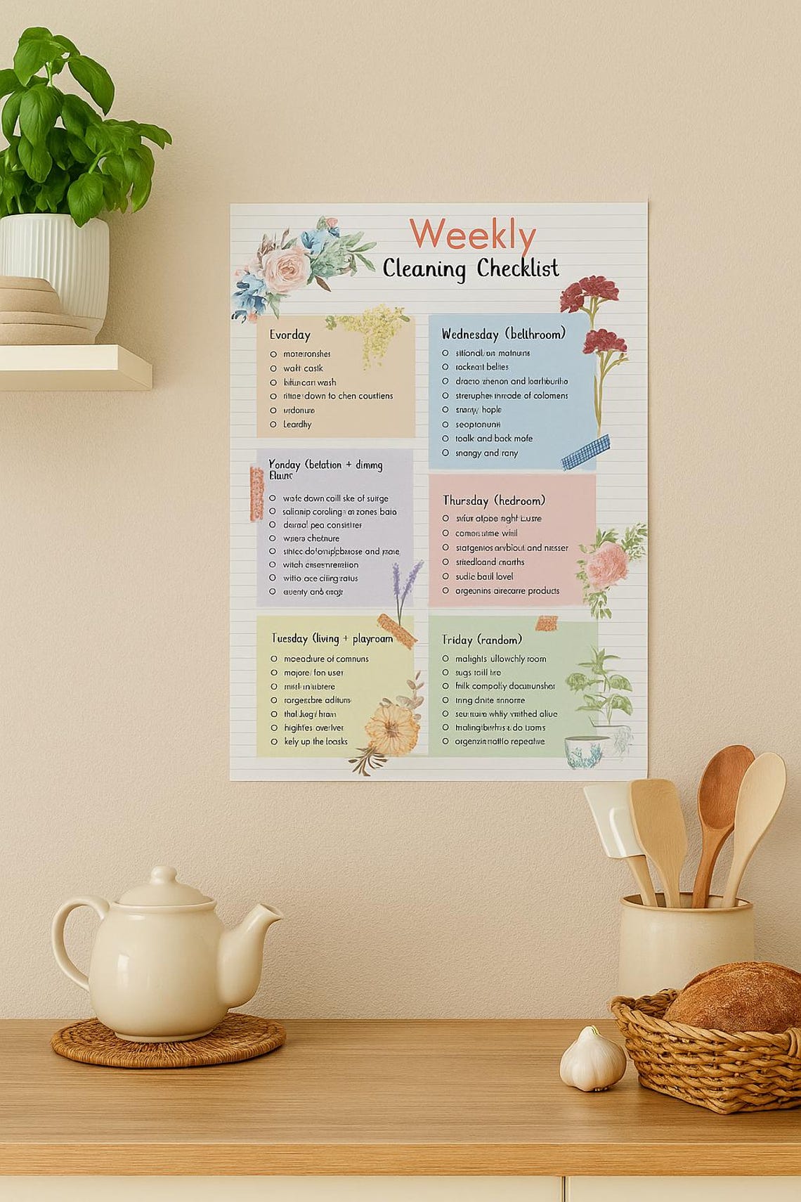 Weekly Cleaning Checklist Printable Floral Chore Chart PDF Daily & Room ...
