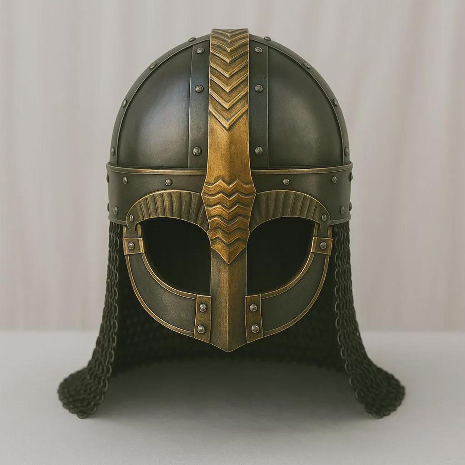 Medieval Viking Steel Helmet With Brass Trim and Chainmail Neck Guard ...