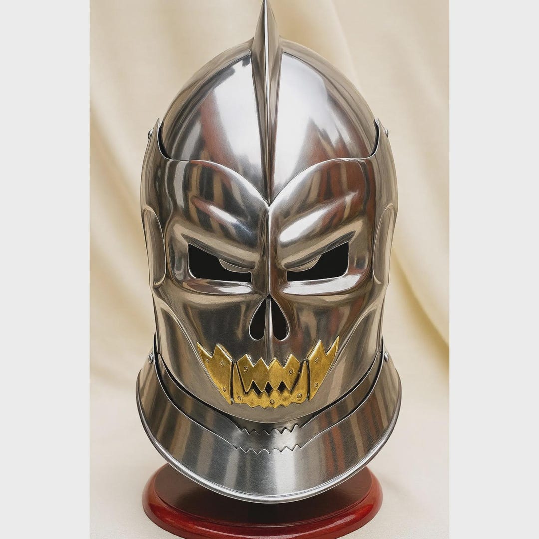Medieval Skull Visor Helmet 18G Polished Steel | Brass Fanged Mouth ...
