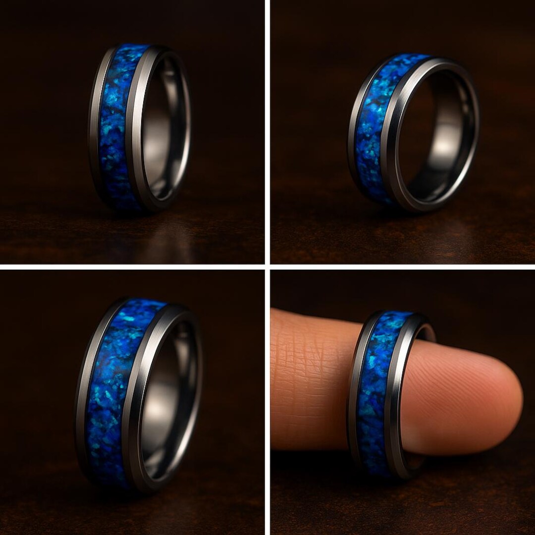 Men's Tungsten Ring With Blue Opal Inlay - Wedding Band - 8mm Comfort ...