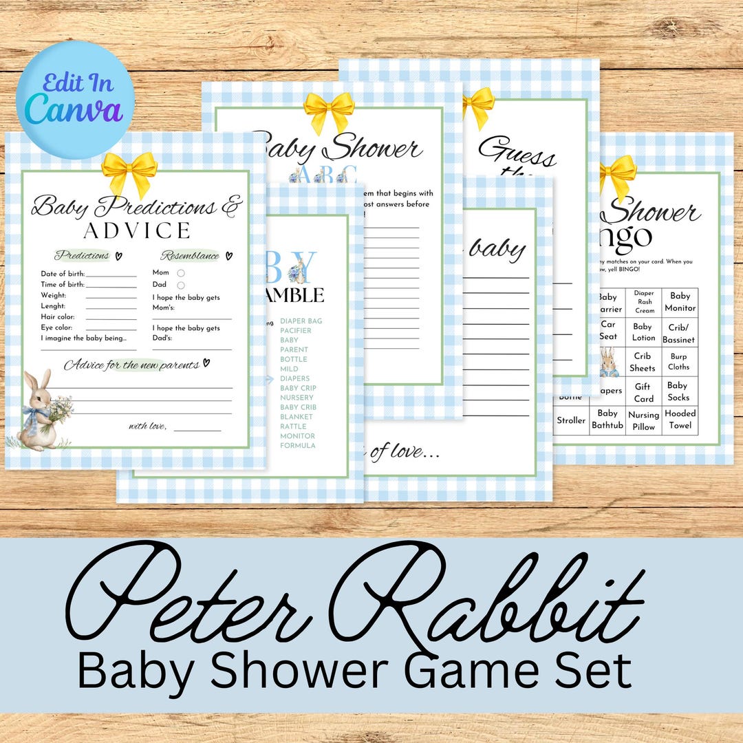 Editable Shower Games Peter Rabbit Baby Shower Game Set Blue Gingham ...