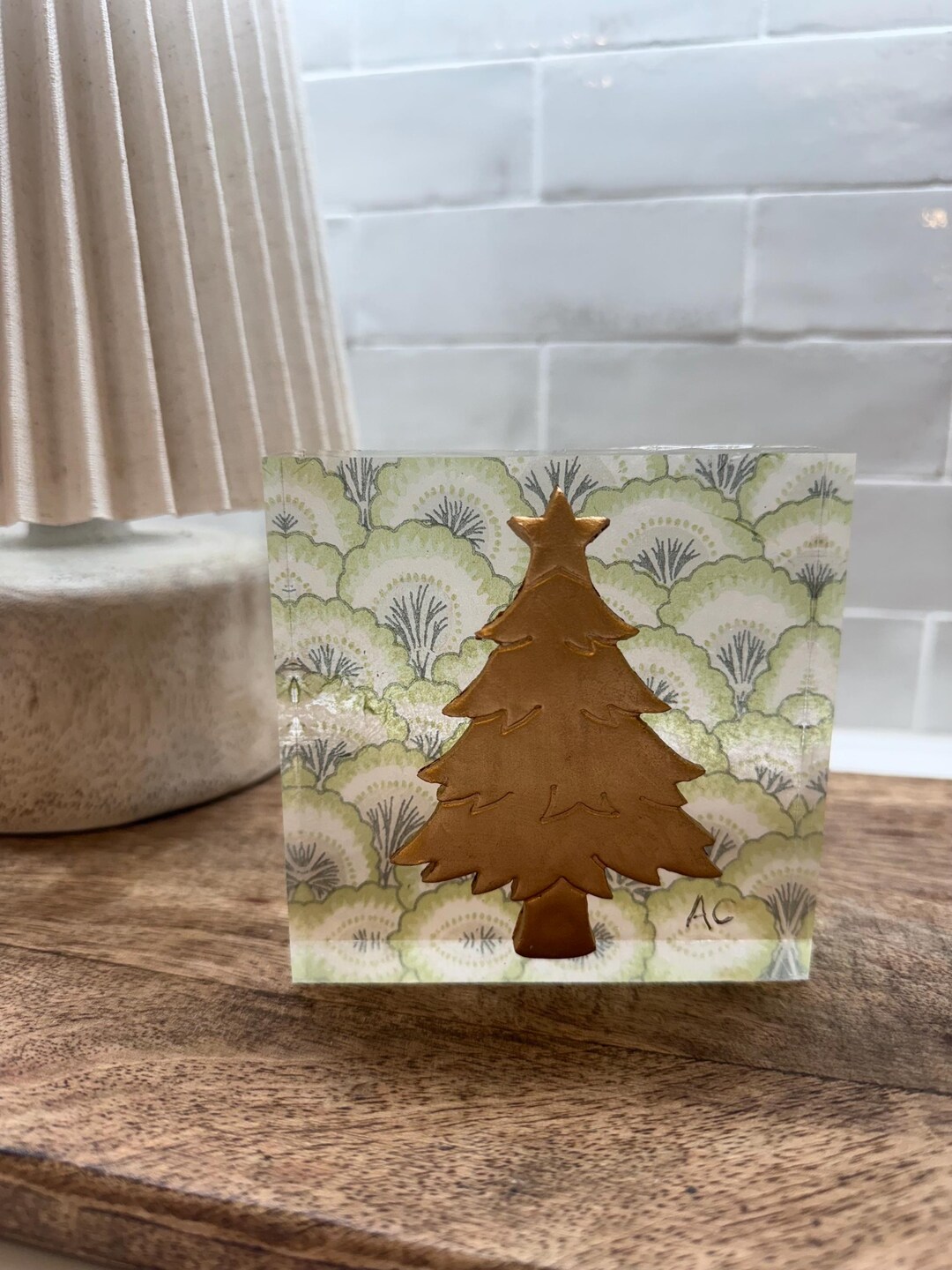 Handmade 4x4 Acrylic Christmas Tree Block – Gold Tree With Vintage ...