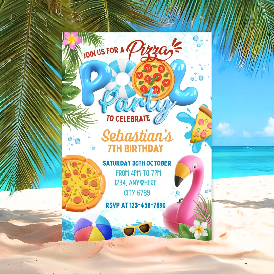 Editable Pizza Pool Party Invitation, Pizza Swimming Party, Pizza and ...