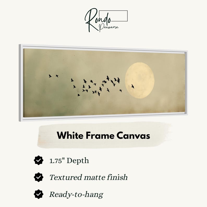 Full Moon Japandi Wall Art, Flying Birds Canvas Print, Wide Panoramic ...