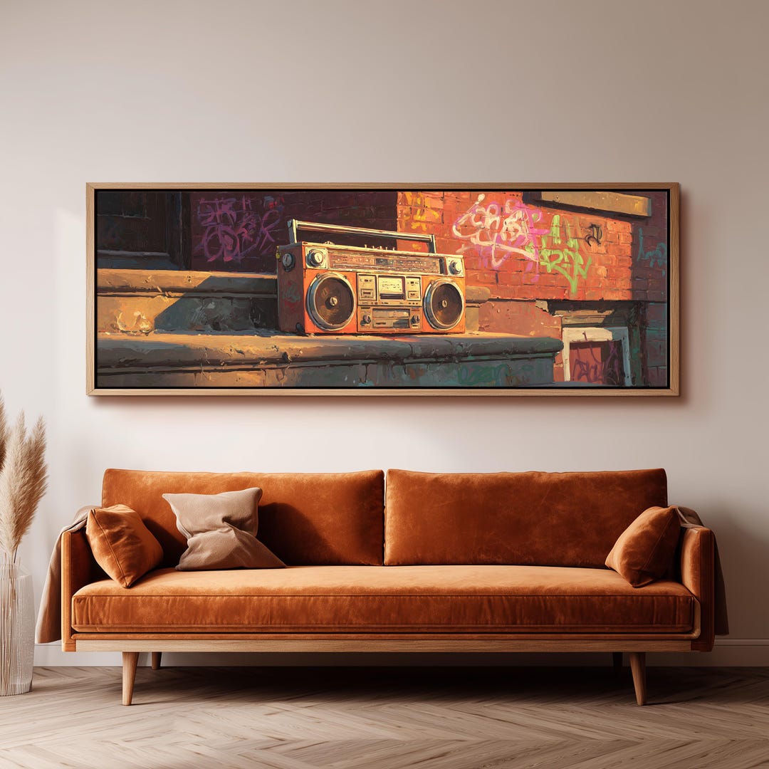 Vintage Boombox Grafitti Painting, Wide Panoramic Canvas, Long Narrow ...