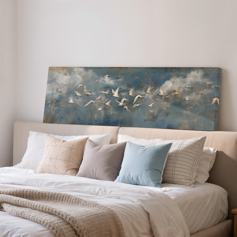 Vintage White Bird Migration Canvas, Wide Panoramic Wall Art, Flock of ...