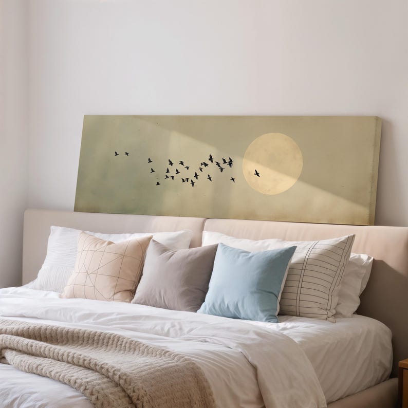 Full Moon Japandi Wall Art, Flying Birds Canvas Print, Wide Panoramic ...