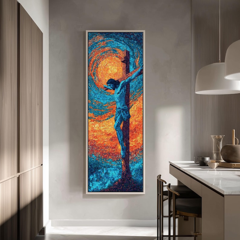 Mosaic Jesus on Cross Art, Vertical Christian Canvas, Tall Narrow ...