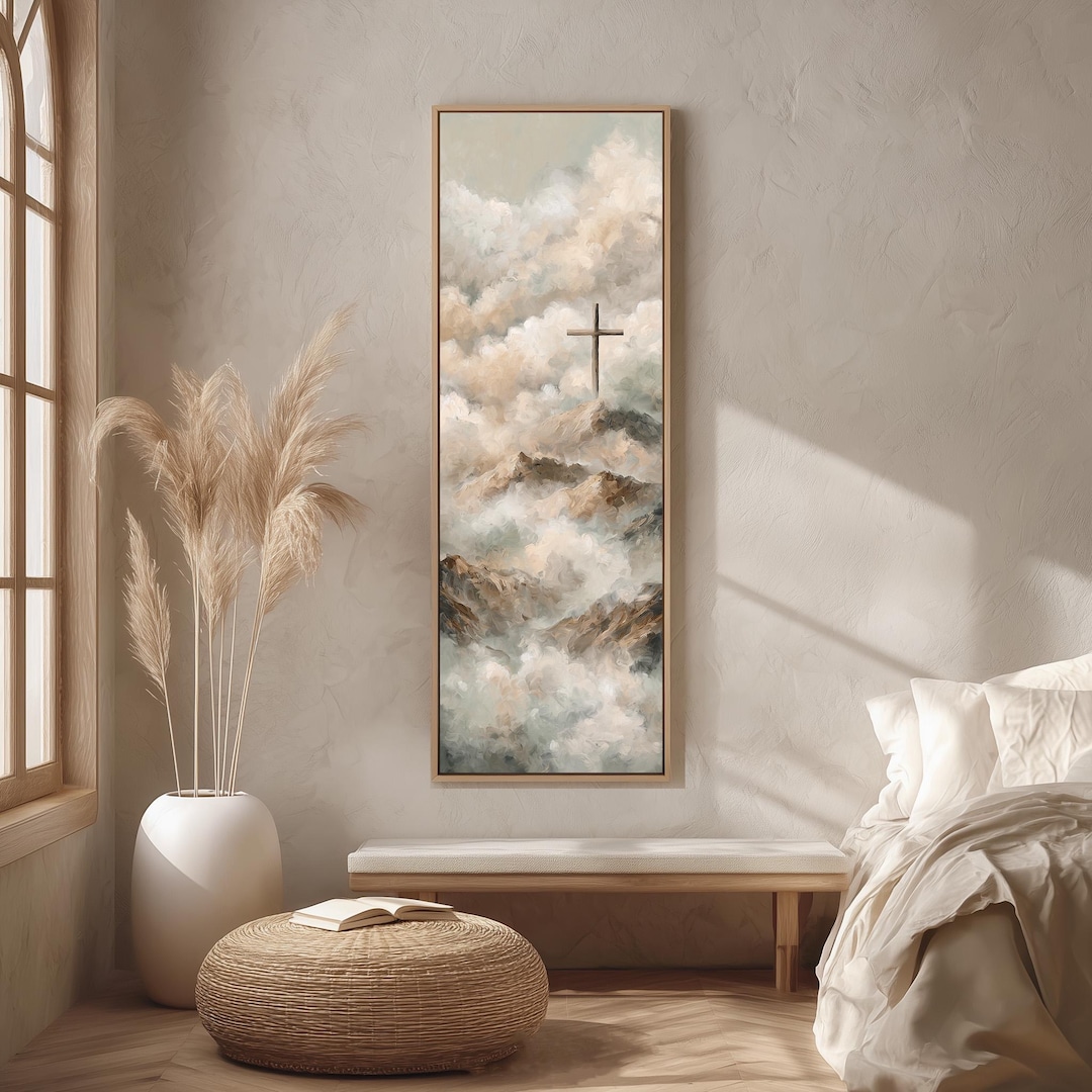 Framed Tall Narrow Christian Art, Long Vertical Cross Canvas, Skinny ...