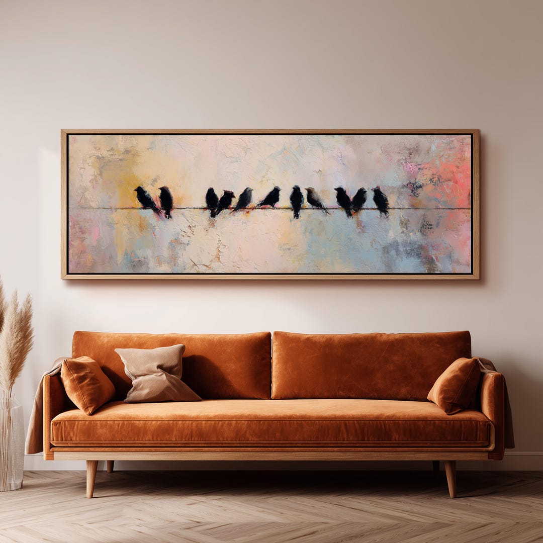 Birds on a Wire Painting, Wide Panoramic Canvas, Long Horizontal Framed ...
