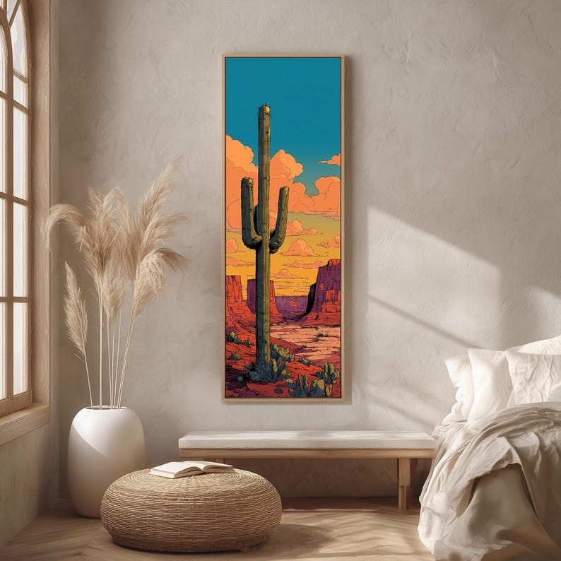 Retro Desert Cactus Art, Vertical Comic Style Canvas, Tall Narrow ...
