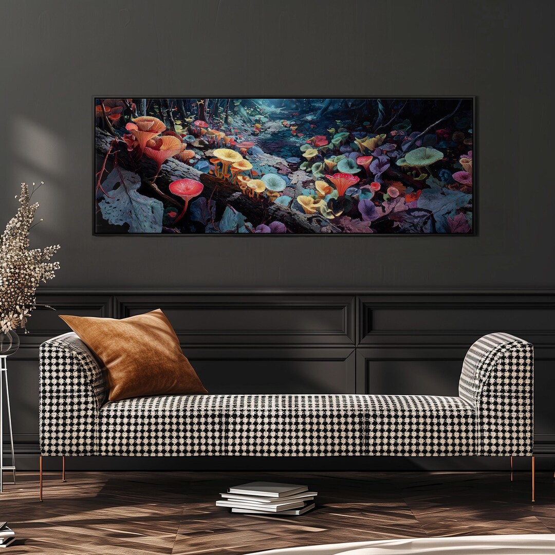 Realistic Mushroom Forest Painting, Wide Panoramic Canvas, Long ...