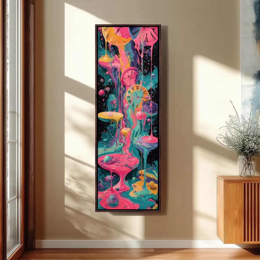 Surreal Melting Clock Painting, Vertical Psychedelic Canvas, Tall ...