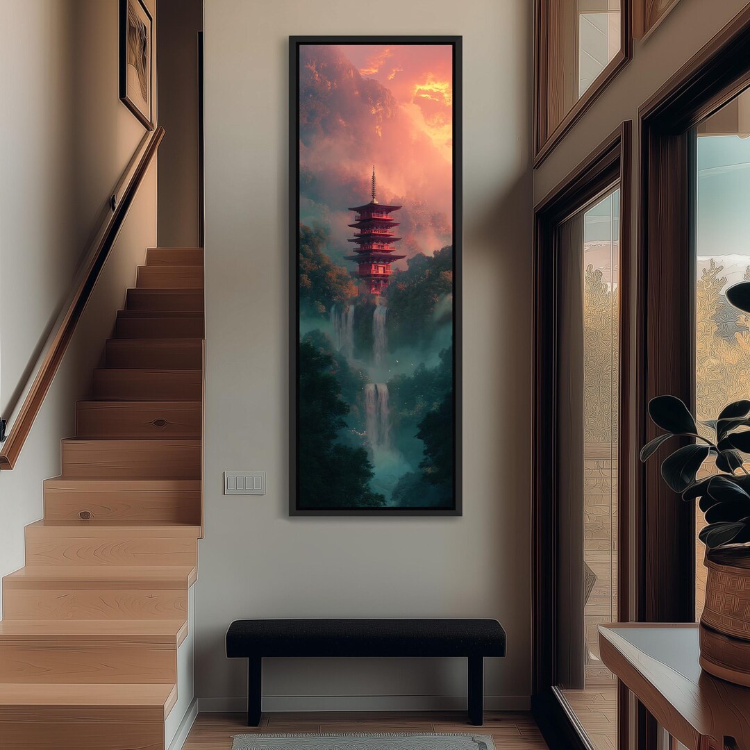 Framed Tall Narrow Temple Art, Long Vertical Fantasy Canvas, Skinny Red ...