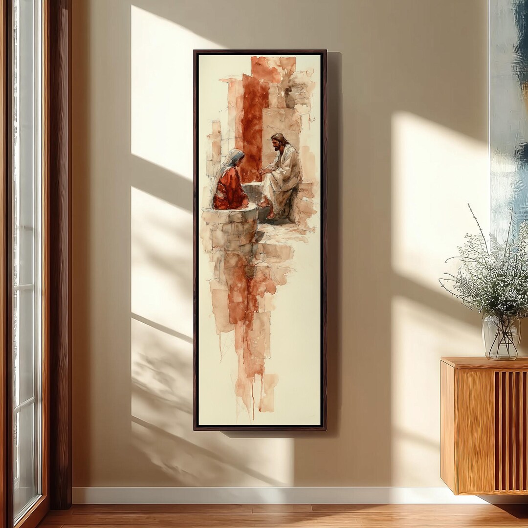 Jesus and Woman at the Well Art, Vertical Watercolor Christian Canvas ...