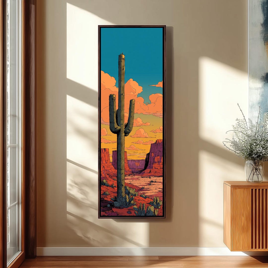 Retro Desert Cactus Art, Vertical Comic Style Canvas, Tall Narrow ...