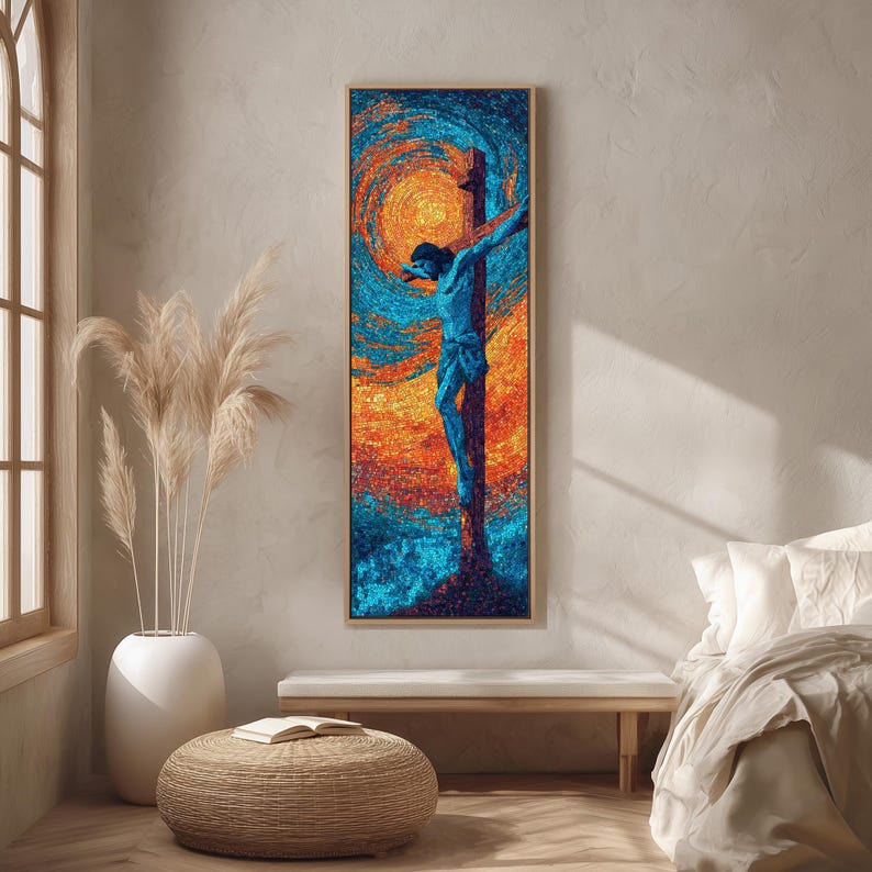 Mosaic Jesus on Cross Art, Vertical Christian Canvas, Tall Narrow ...