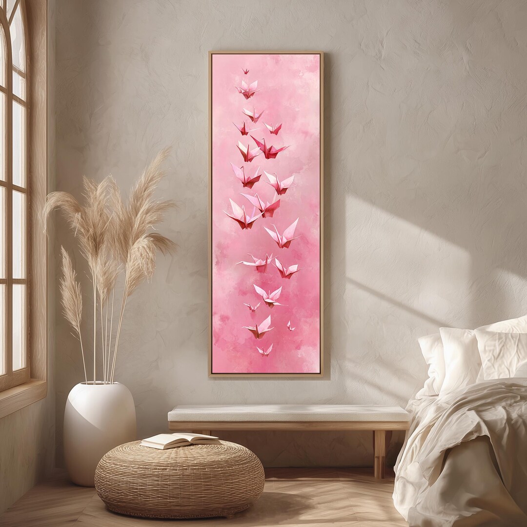 Long Vertical Origami Art, Tall Narrow Pink Crane Canvas, Skinny Paper ...