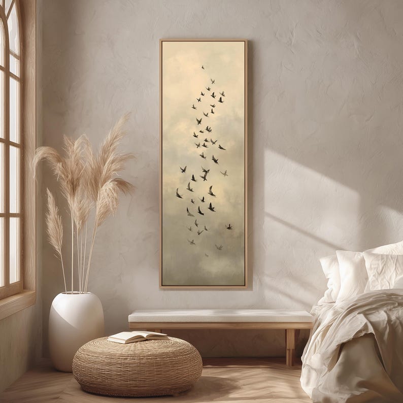 Long Vertical Bird Flock Art, Tall Narrow Minimalist Canvas, Sepia ...