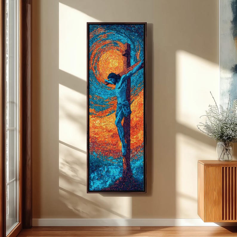 Mosaic Jesus on Cross Art, Vertical Christian Canvas, Tall Narrow ...