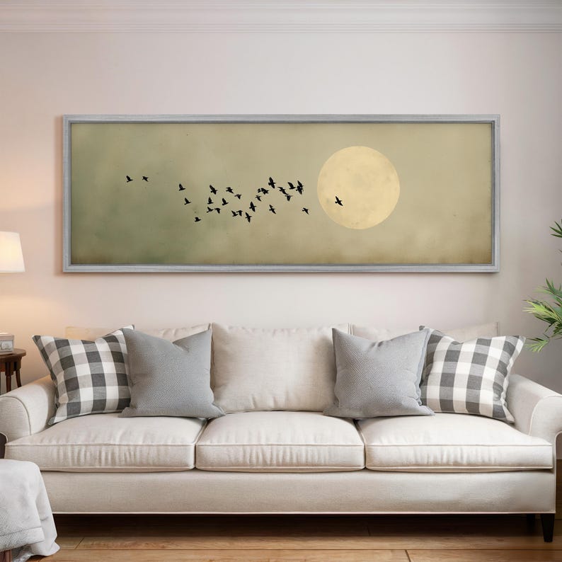 Full Moon Japandi Wall Art, Flying Birds Canvas Print, Wide Panoramic ...