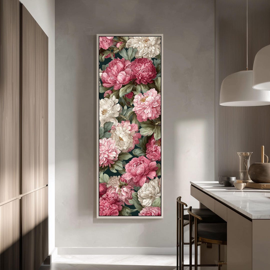 Framed Long Vertical Floral Art, Tall Narrow Peony Canvas, Skinny ...