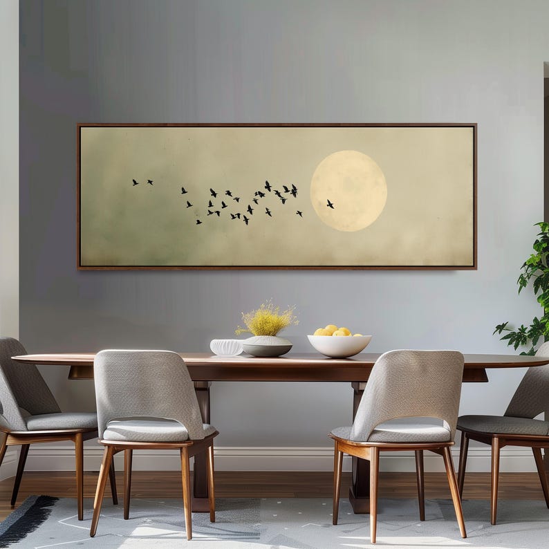 Full Moon Japandi Wall Art, Flying Birds Canvas Print, Wide Panoramic ...