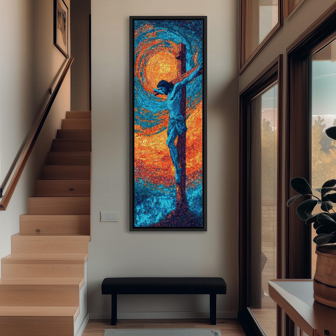 Mosaic Jesus on Cross Art, Vertical Christian Canvas, Tall Narrow ...