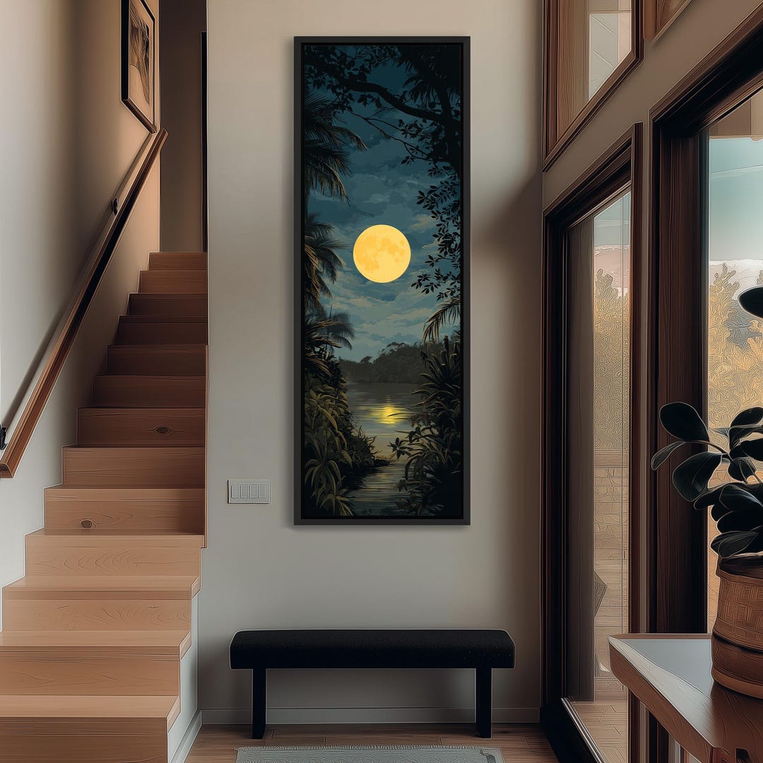 Tall Skinny Tropical Moon Art, Long Vertical Jungle Canvas, Narrow ...