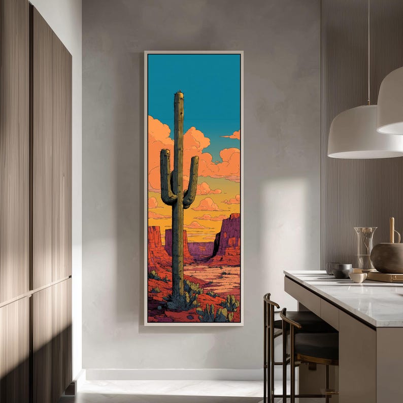 Retro Desert Cactus Art, Vertical Comic Style Canvas, Tall Narrow ...