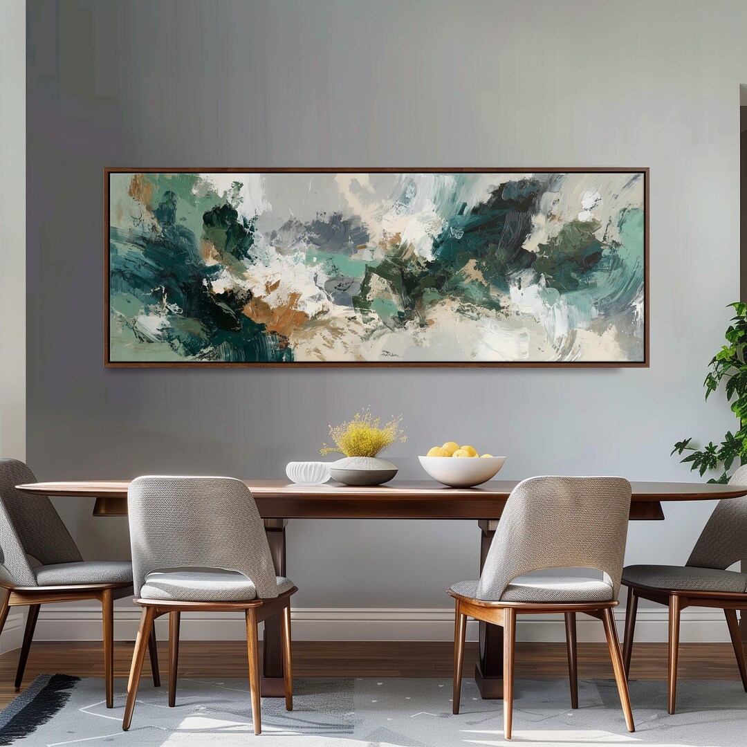Green Abstract Panoramic Art, Brushstroke Painting, Wide Wall Decor ...