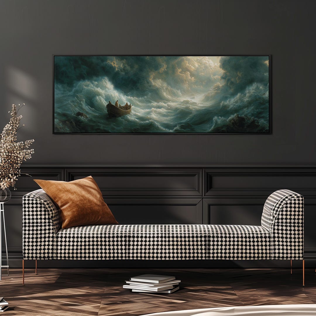 Biblical Sea Storm Canvas, Wide Panoramic Framed Print, Jesus Walking ...