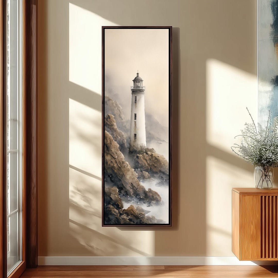 Framed Tall Narrow Lighthouse Art, Long Vertical Coastal Canvas, Skinny ...