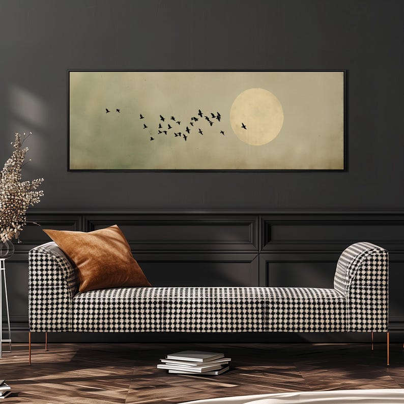 Full Moon Japandi Wall Art, Flying Birds Canvas Print, Wide Panoramic ...