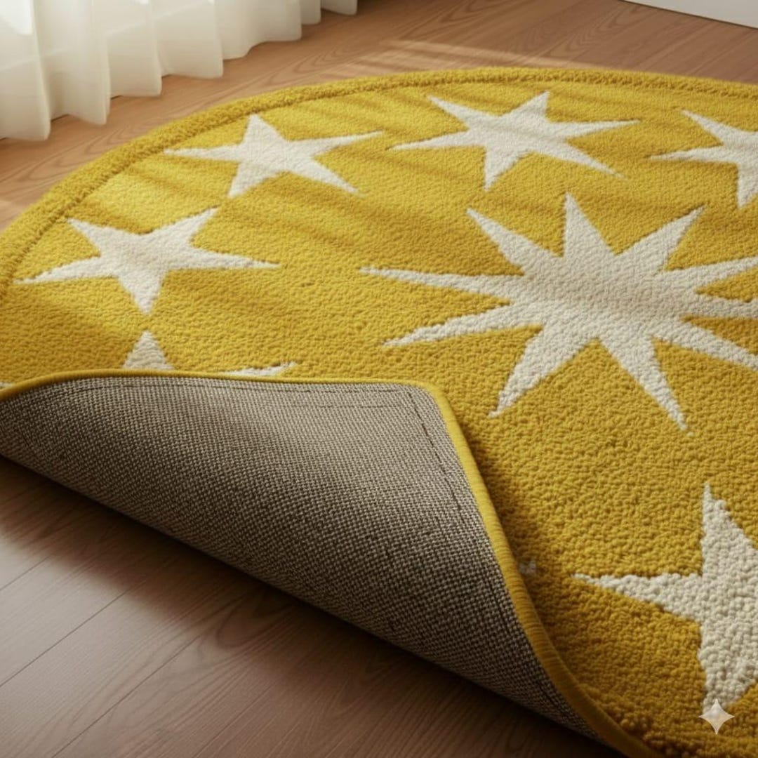 Yellow Star Round Rug – Soft Tufted Kids Room Carpet – Nursery Playroom ...