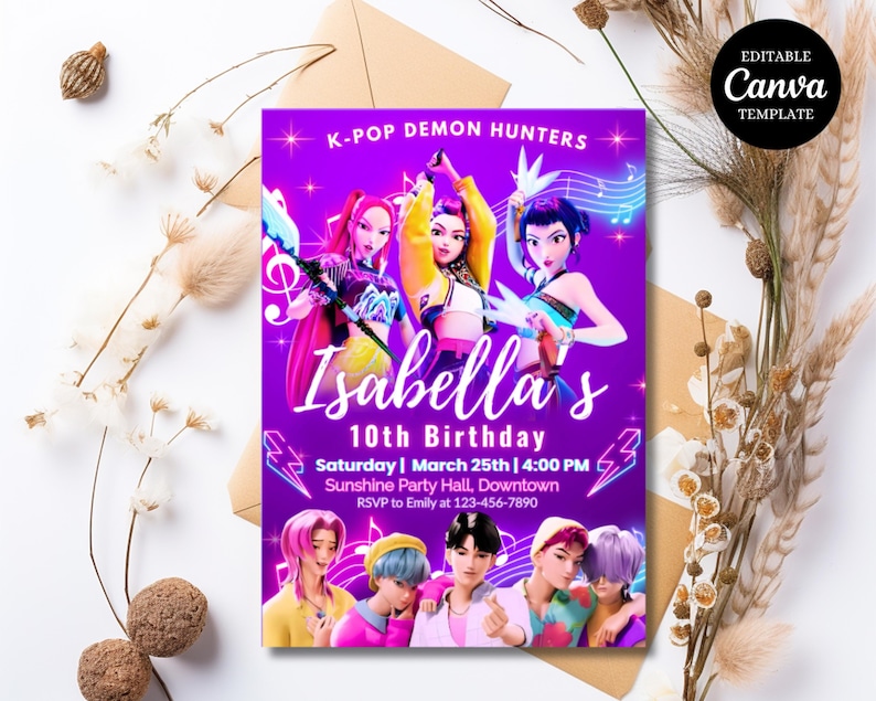 Kpop Demon Hunter Huntrix Birthday Invitation, Editable Canva Template ...