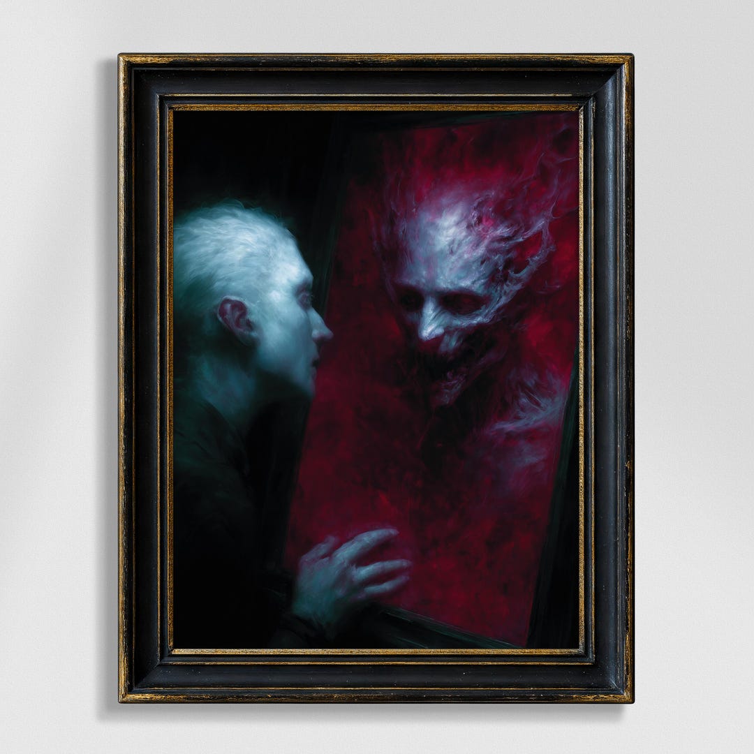 Mirror Demon Horror Art Print — Man Confronts Inner Monster, Gothic ...