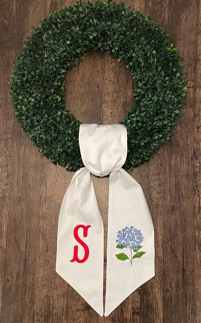 Personalized Hydrangea Wreath Sash | Monogram Front Door Hanger, Cotton ...