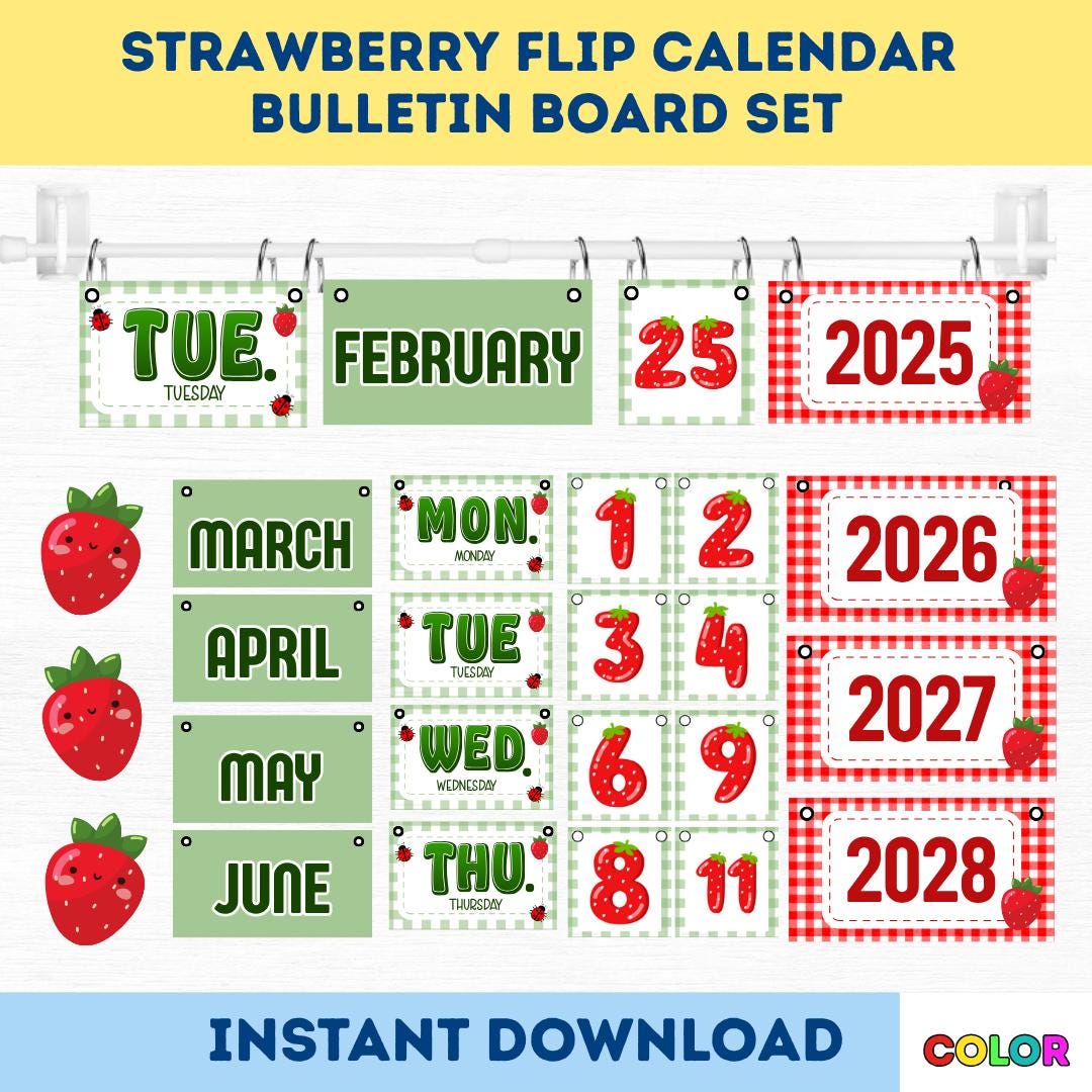 Strawberry Classroom Calendar Printable: Pastel Green & Red Bulletin ...