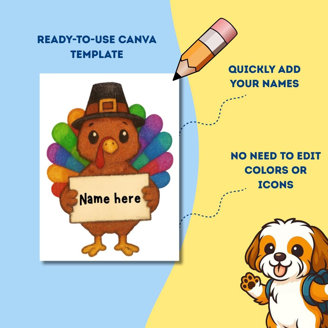 Editable Name Labels in Canva | Thanksgiving Turkey Classroom Tags ...