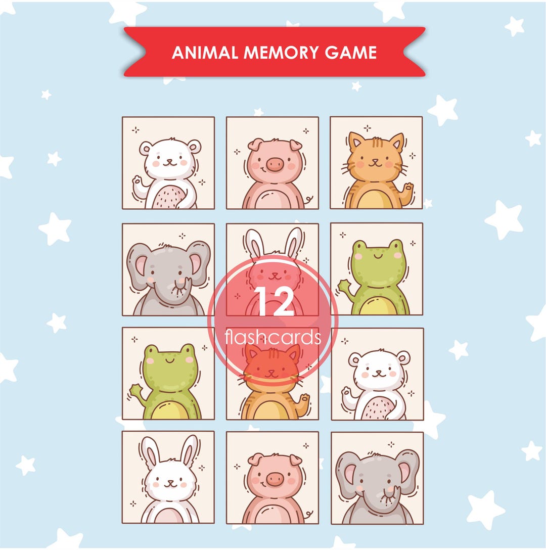 Animal Memory Matching Game for Kids – 12 Cute Animal Flashcards ...