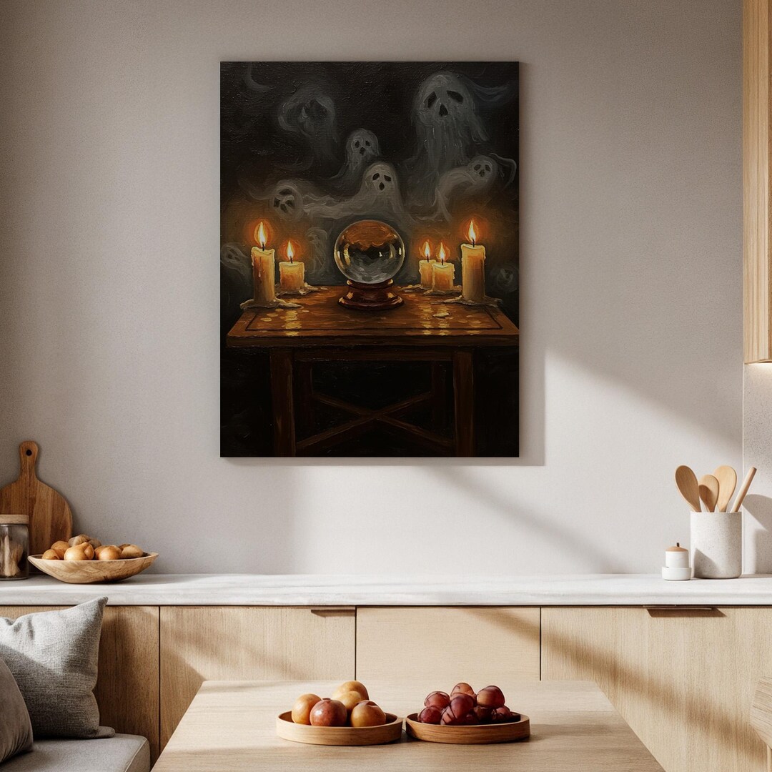 Haunted Crystal Ball Framed Canvas, Spooky Candlelight Ghost Art ...