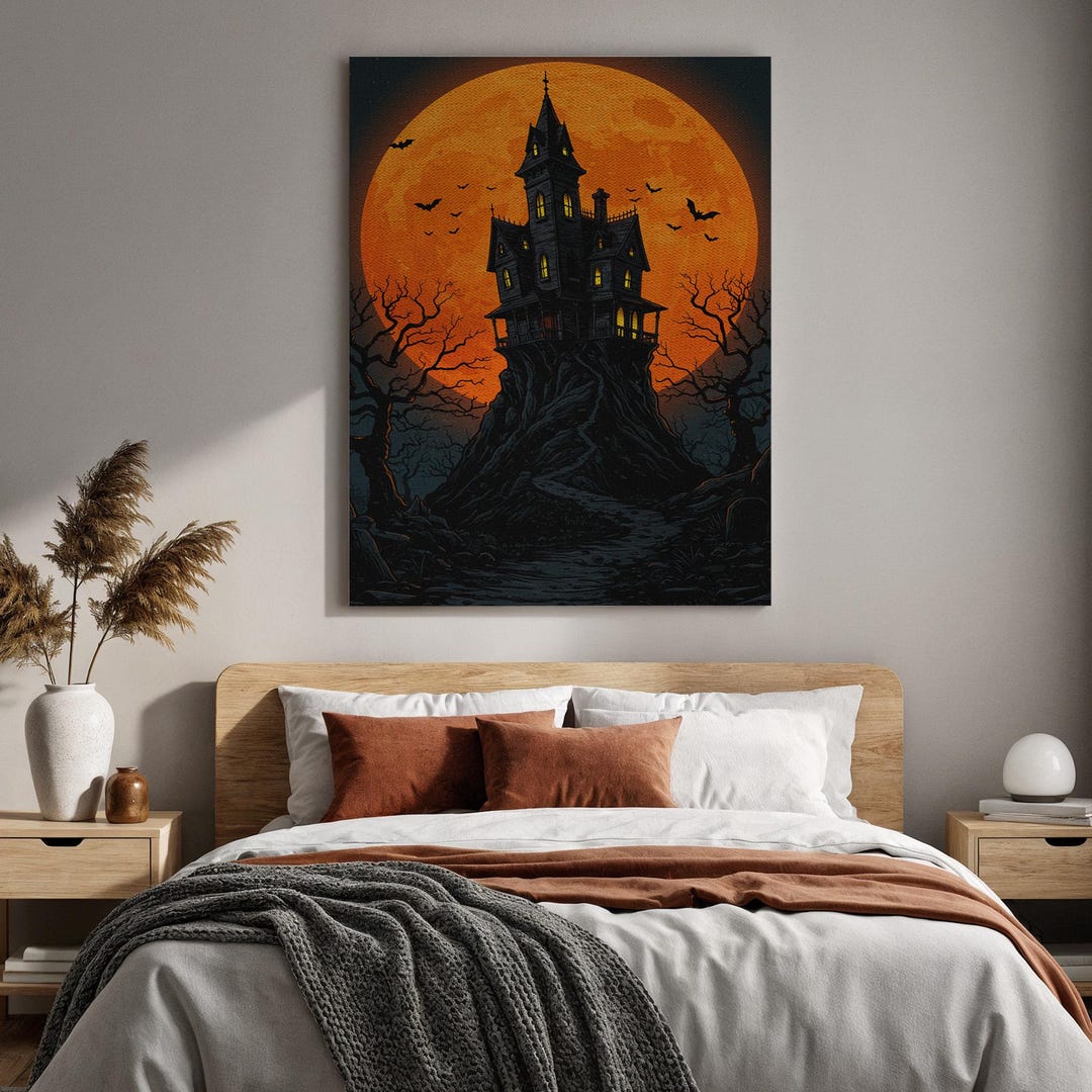 Haunted House Framed Canvas, Full Moon Gothic Wall Art, Spooky ...